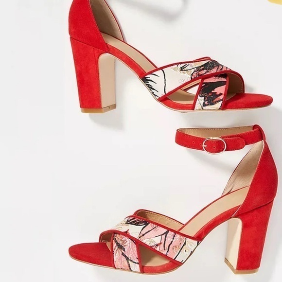 Anthropologie | Shoes | Anthropologie Red Jacquard Red Block Heel ...